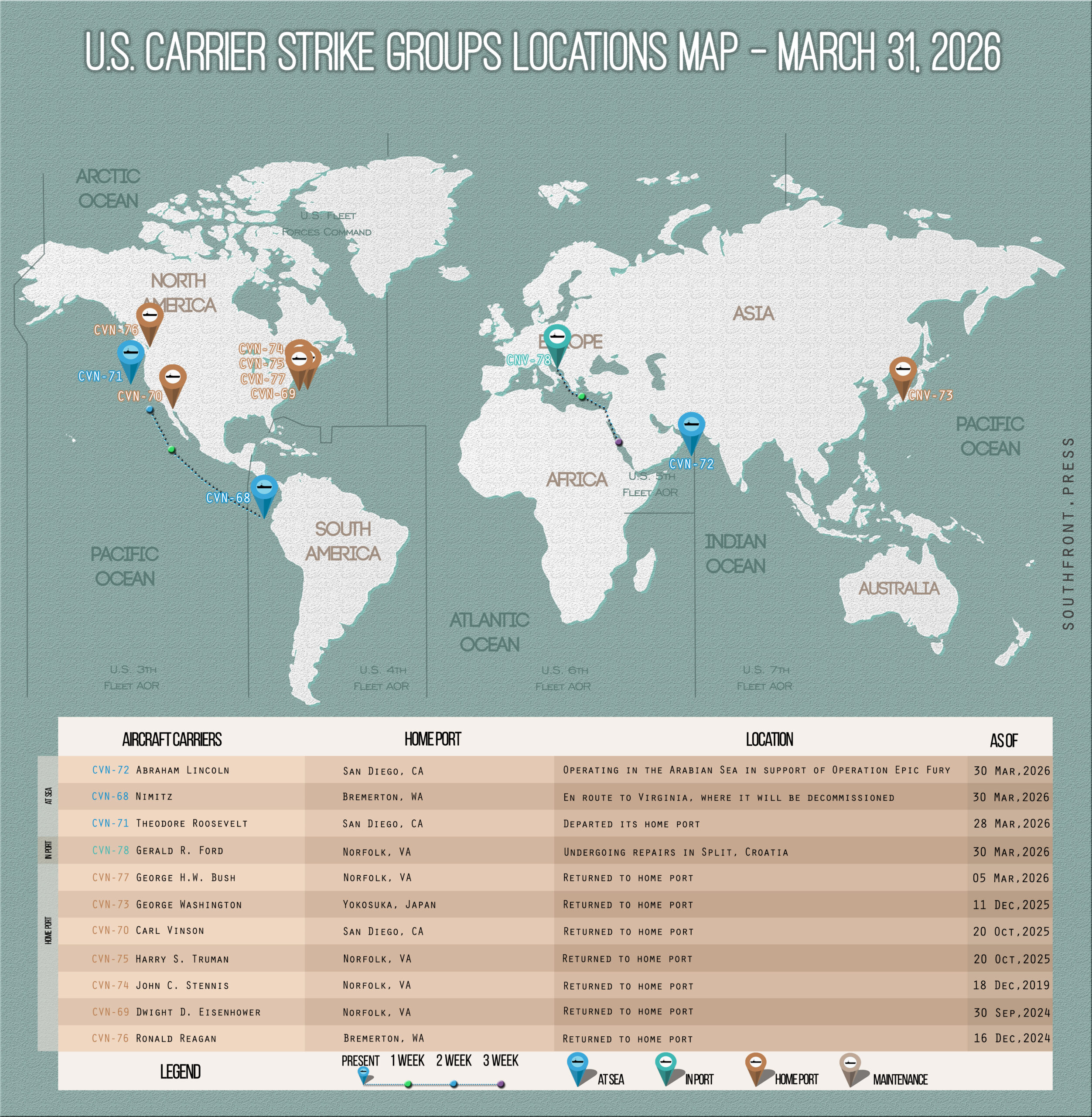 Locations Of US Carrier Strike Groups – March 31, 2026